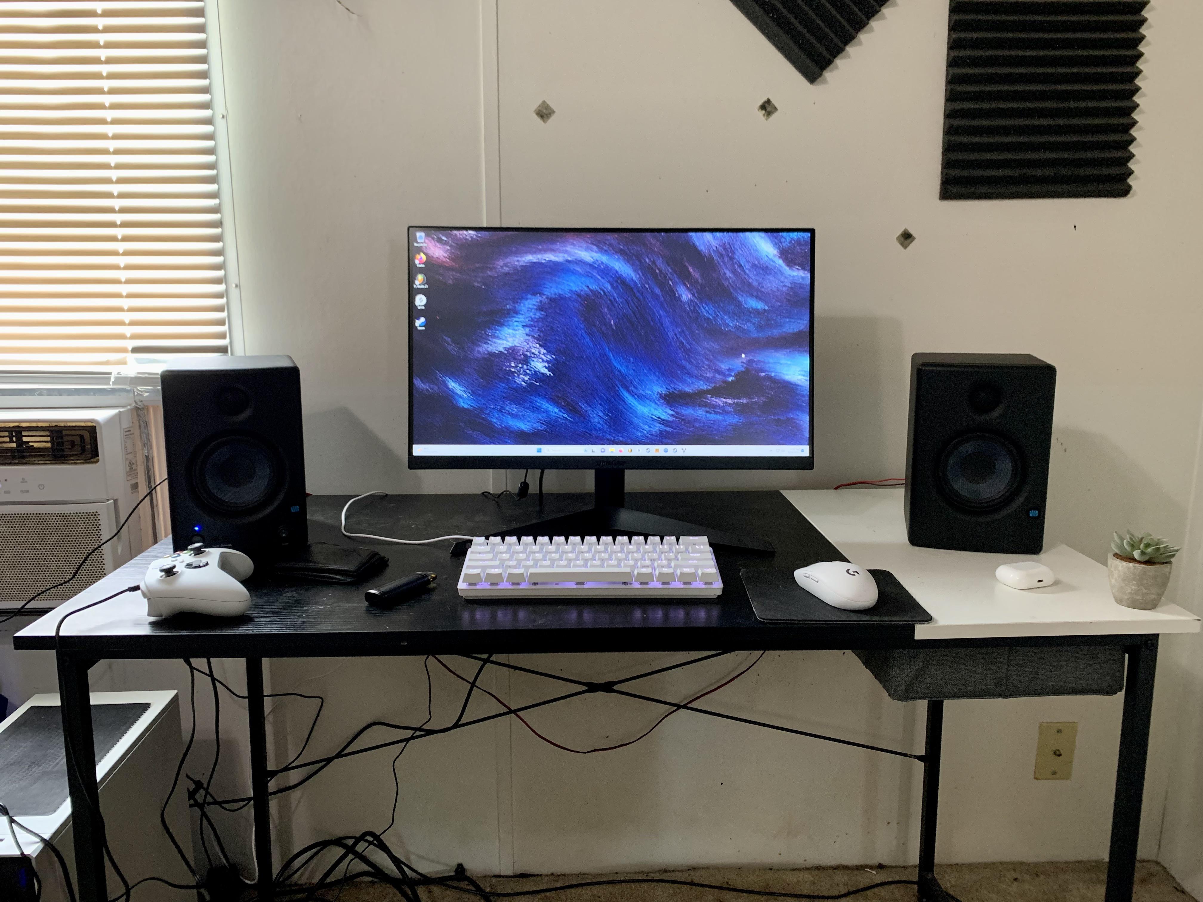 Updated setup with a proper monitor, mouse, studio monitors, and ...