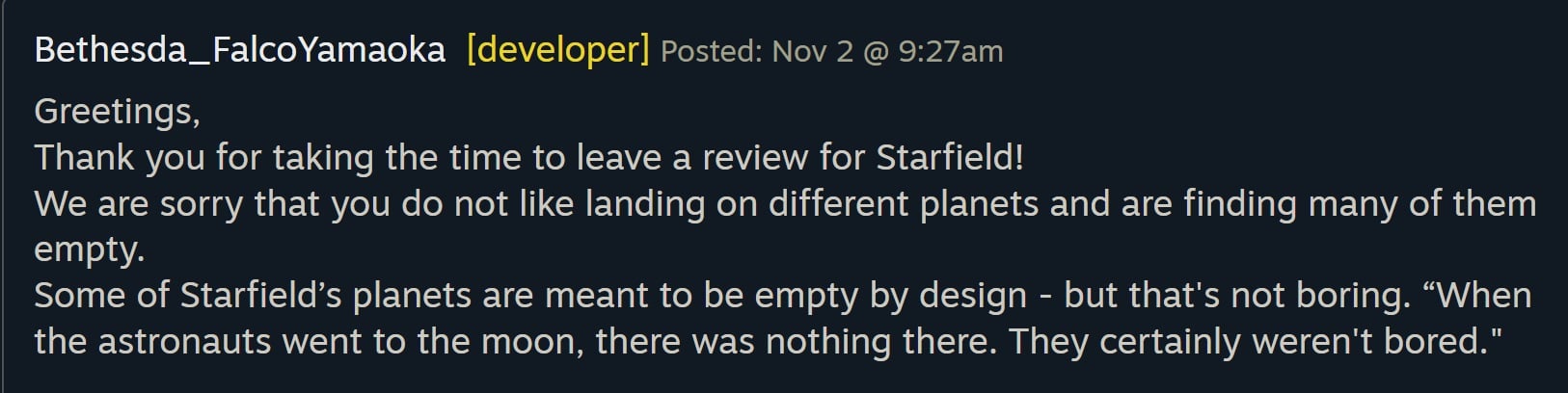 Starfield dev responds to negative Steam review stating that landing on ...