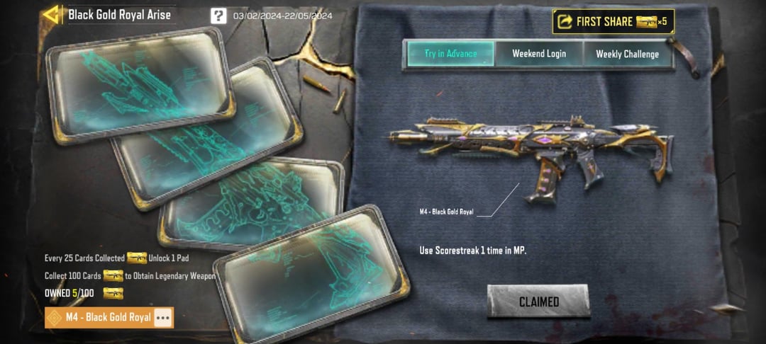 For anyone curious, here are the missions for the legendary M4 event ...