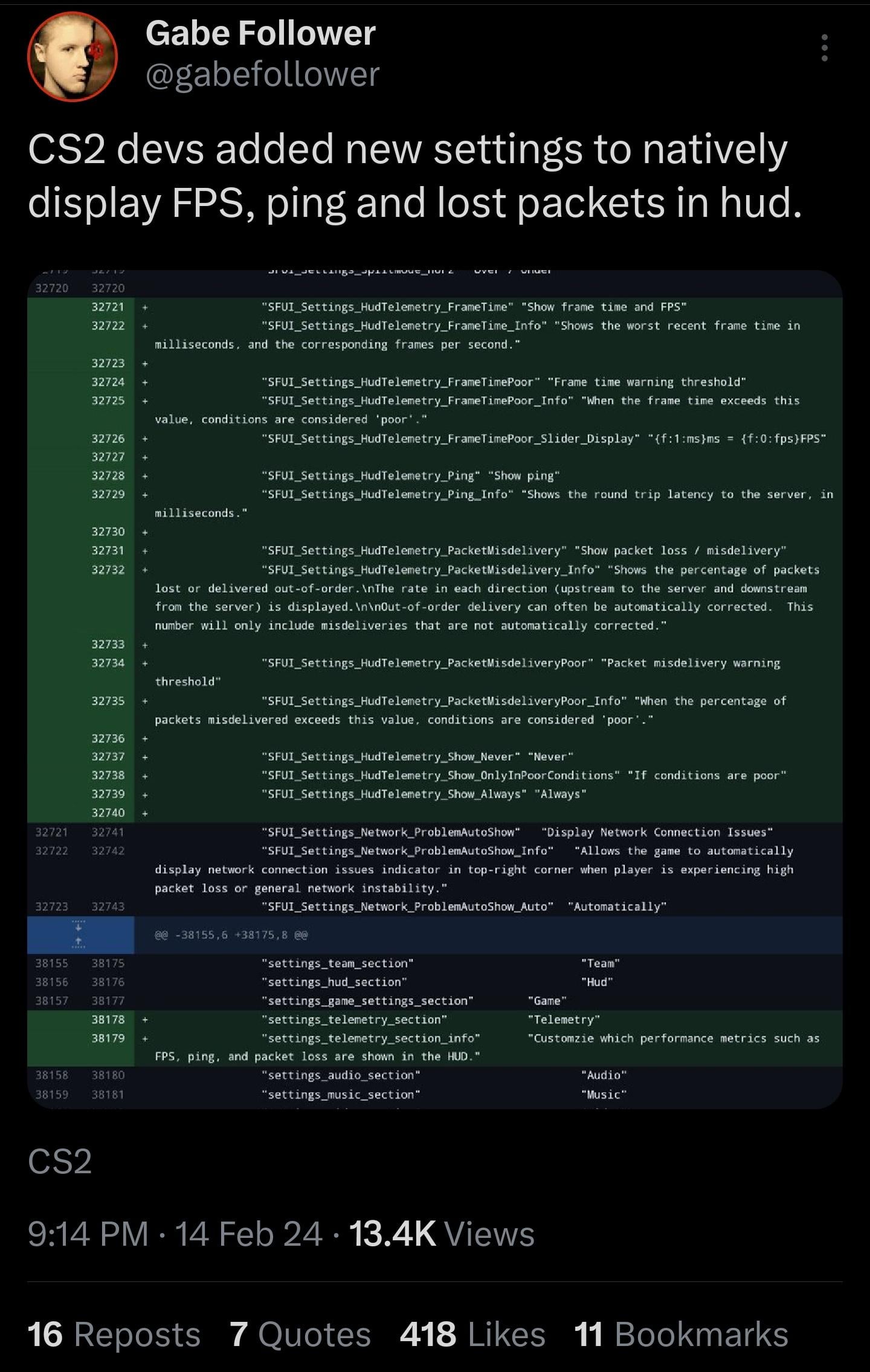 GabeFollower: "CS2 devs added new settings to natively display FPS, ping and lost packets in hud ...