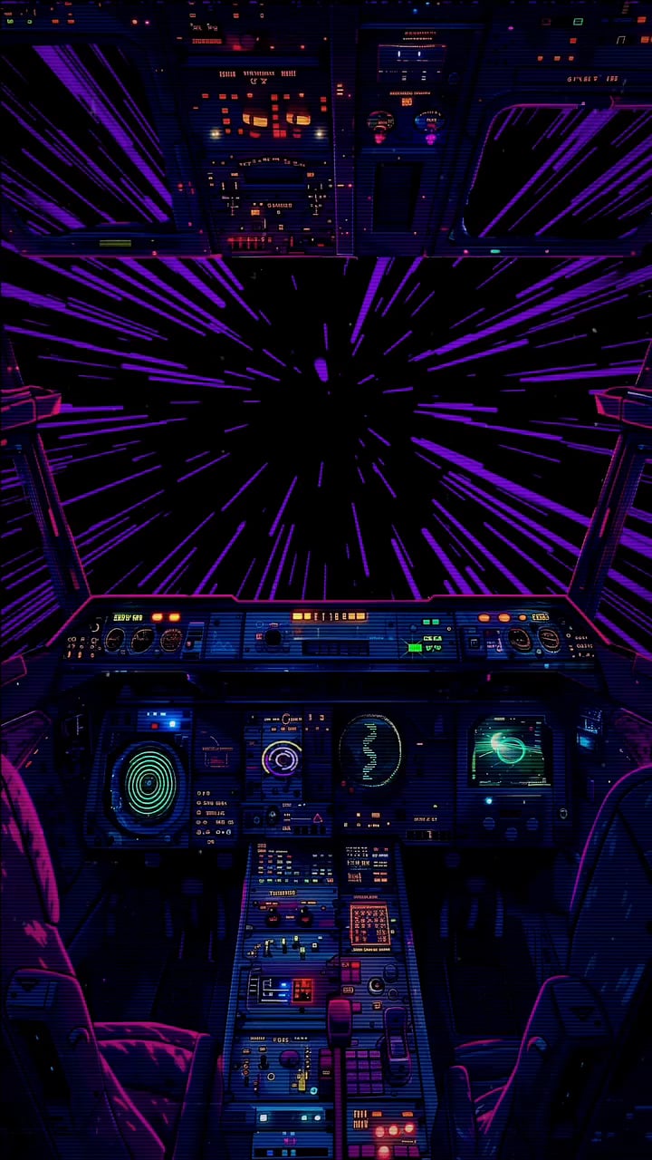 A back-to-the-future Cyberpunk styled cockpit/dashboard of a futuristic ...